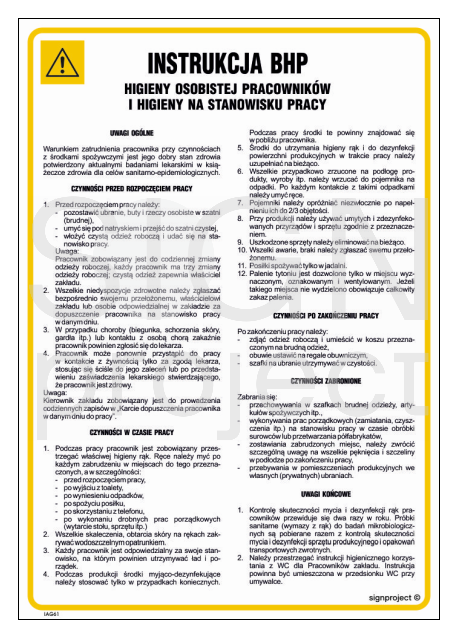 IAG61 Health and safety instructions for personal hygiene of employees and hygiene at the ...